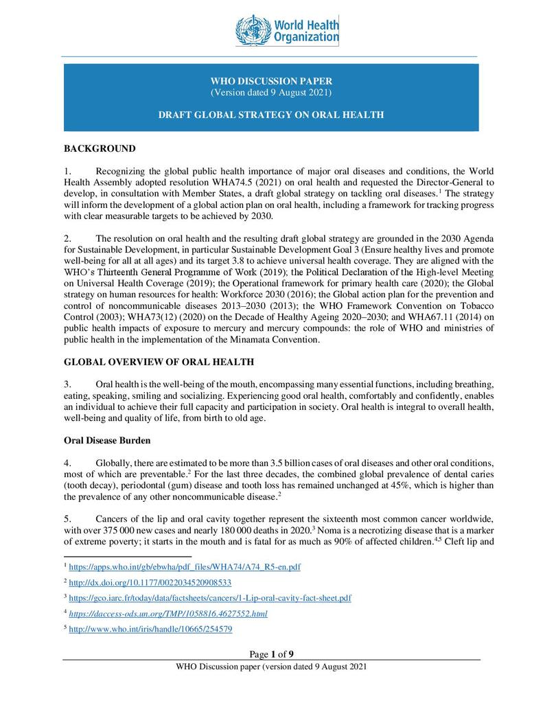 WHO Discussion Paper: Draft Global Strategy On Oral Health | Dental ...