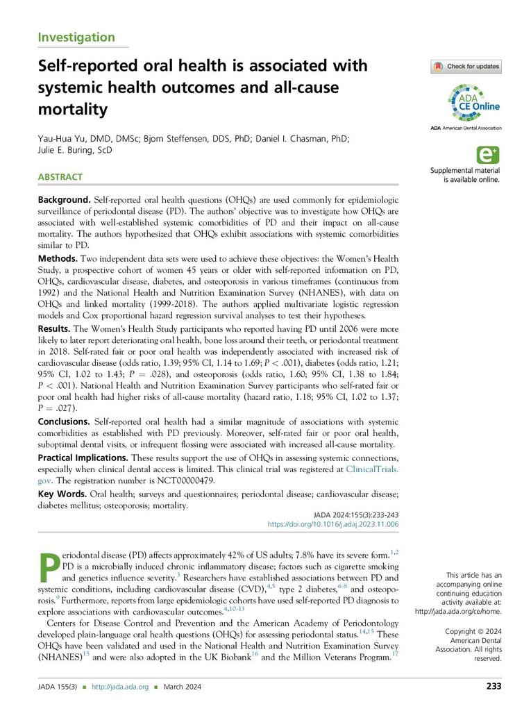 Self reported oral health JADA 2024 | Dental Health Foundation